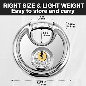 Vervida Keyed Padlock Stainless Steel Disc Lock with 3 Keys, 3/8 Inch Shackle 70mm, Heavy Duty Lock Outdoor Waterproof Storage Lock for Warehouse, Garage, Storage Locker, and Outdoors (1 Pack)
