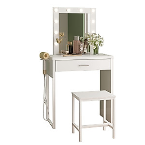 Titoni Makeup Vanity Desk, White Vanity Set Vanity Table with Lighted Mirror, 10 LED Lights Brightness Adjustable, 27.6in(L), White