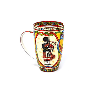 Scotland Piper Mug Cup with Scottish Red Celtic Knots Design and Highland Bagpipes by Royal Tara