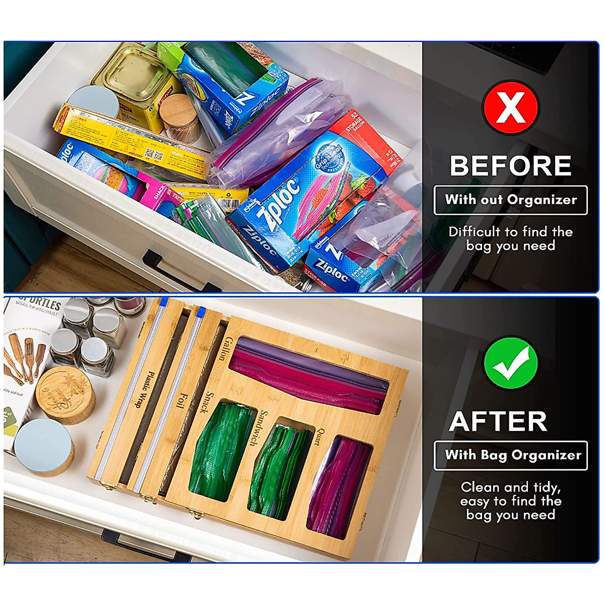 Bamboo Ziplock Baggies Storage Bag Organizer, sandwich bag organizer, Aluminum Tin Foil and Wrap Cutter Dispenser, Drawer or wall Organization,6 in 1 Kitchen Holder