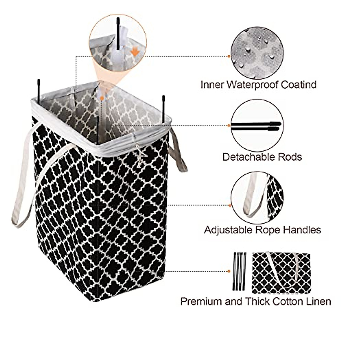 ELONG HOME Laundry Basket 2 Pack, Freestanding Laundry Hamper With Support Rods, Anti-dust Hampers for Laundry with Easy Carry Handles, Black