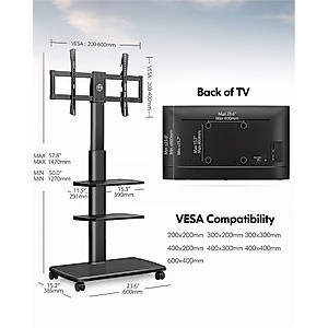 FITUEYES Rolling TV Stand, Mobile TV Cart on Wheels for 32 - 65 70 Inch Flat Screen TVs, Tall TV Floor Stand with Swivel Mount, Corner TV Stands for Bedroom, Outdoor, Home Office, Small Dorm, Black