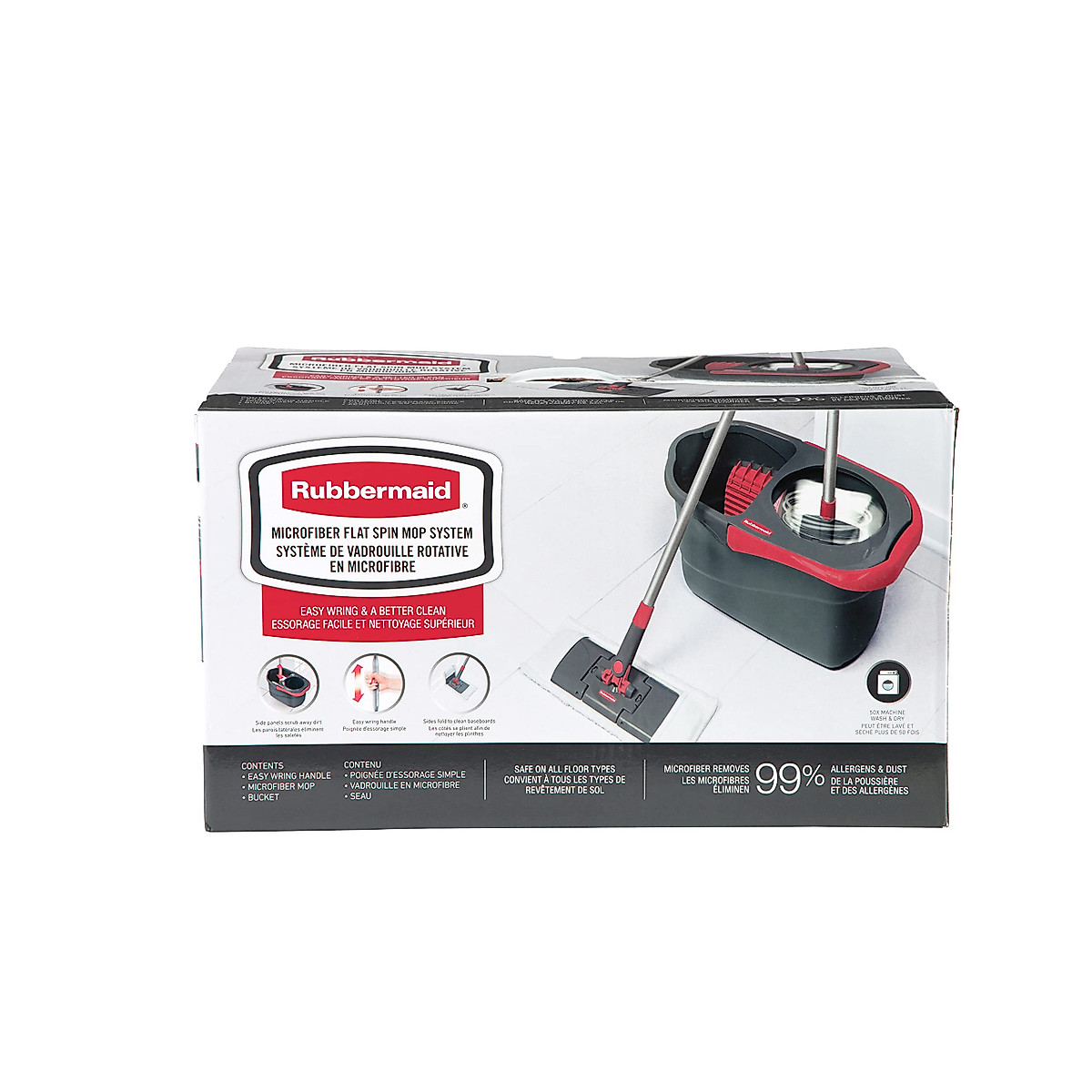 Rubbermaid Microfiber Flat Spin Mop Floor Cleaning System with Wringer Bucket, Red, Flat Floor Mop for Hardwood/Laminate/Vinyl/Tile/Stone Floors