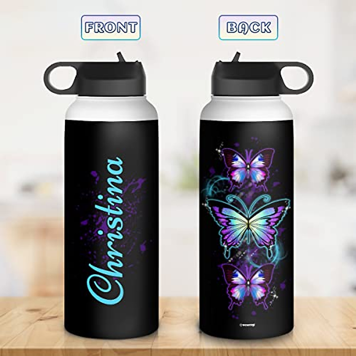 wowcugi Butterfly Water Bottle Personalized Sport Stainless Steel Insulated Sports Bottles 32oz 18oz 12oz Birthday Christmas Custom Butterfly Gifts For Girls Women Kids Teen Custom Name