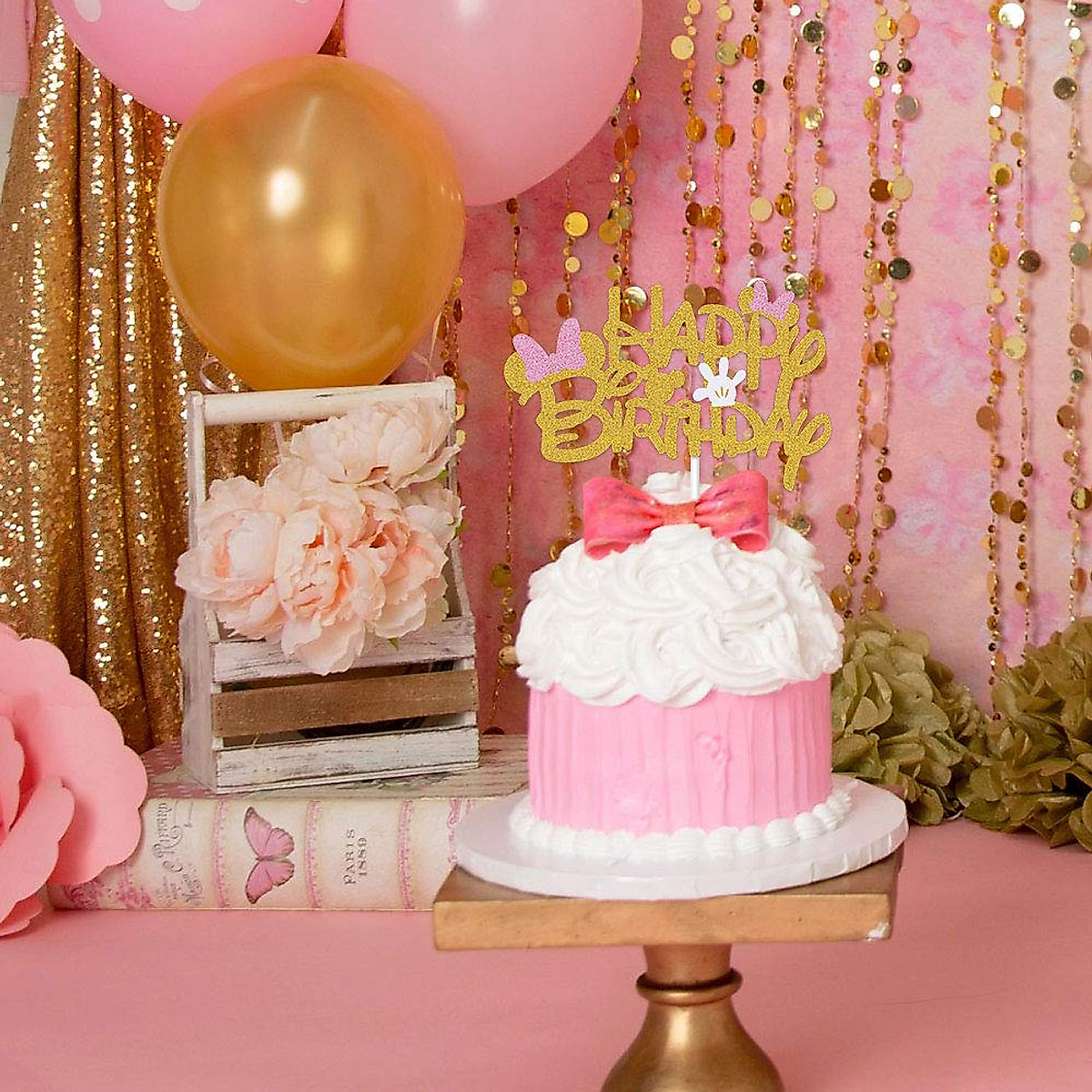 Pink And Gold Glitter Minnie Inspired Happy Birthday Cake Topper with Pink Bows and White Gloves Girls Birthday Party Decorations Supplies