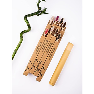 TanAisu Bamboo Toothbrushes with 10 Floss Picks, Travel Case - Biodegradable Toothbrushes (2 Brown, 2 Black, 2 White, 1 Purple, 1 Fuchsia) & Dental Floss Picks| Cover