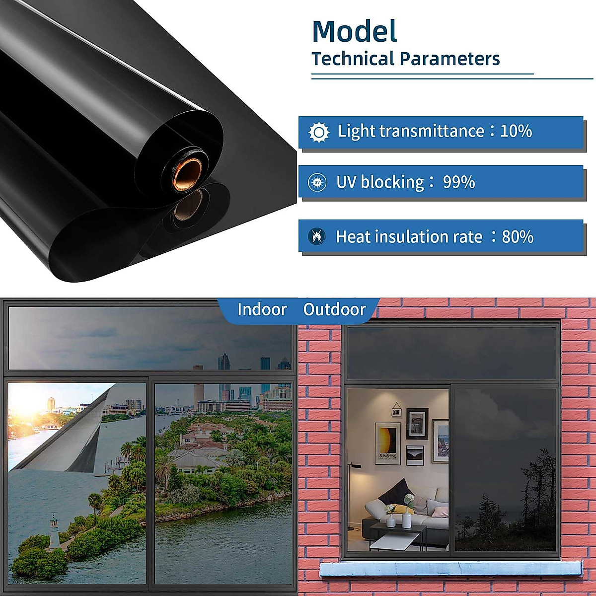 Heat control window film, window tint sun blocking blackout and UV protection, one-way privacy mirror reflective film,explosion-proof Premium PET material Cosmic Black, 17.5 Inch x 6.5 Feet