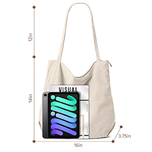 Iioscre Corduroy Tote Bag for Women,Hobo HandBags with Zipper,Large Capacity Casual Shoulder Handbags with Inner Pockets