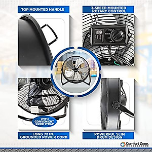 Comfort Zone CZHV20S 20” 3-Speed High-Velocity Slim Industrial Drum Fan, All-Metal Construction, 180-Degree Adjustable Tilt, Large Knobs to Lock Tilt Angle, 5-Aluminum Blades, and Carry Handle, Black