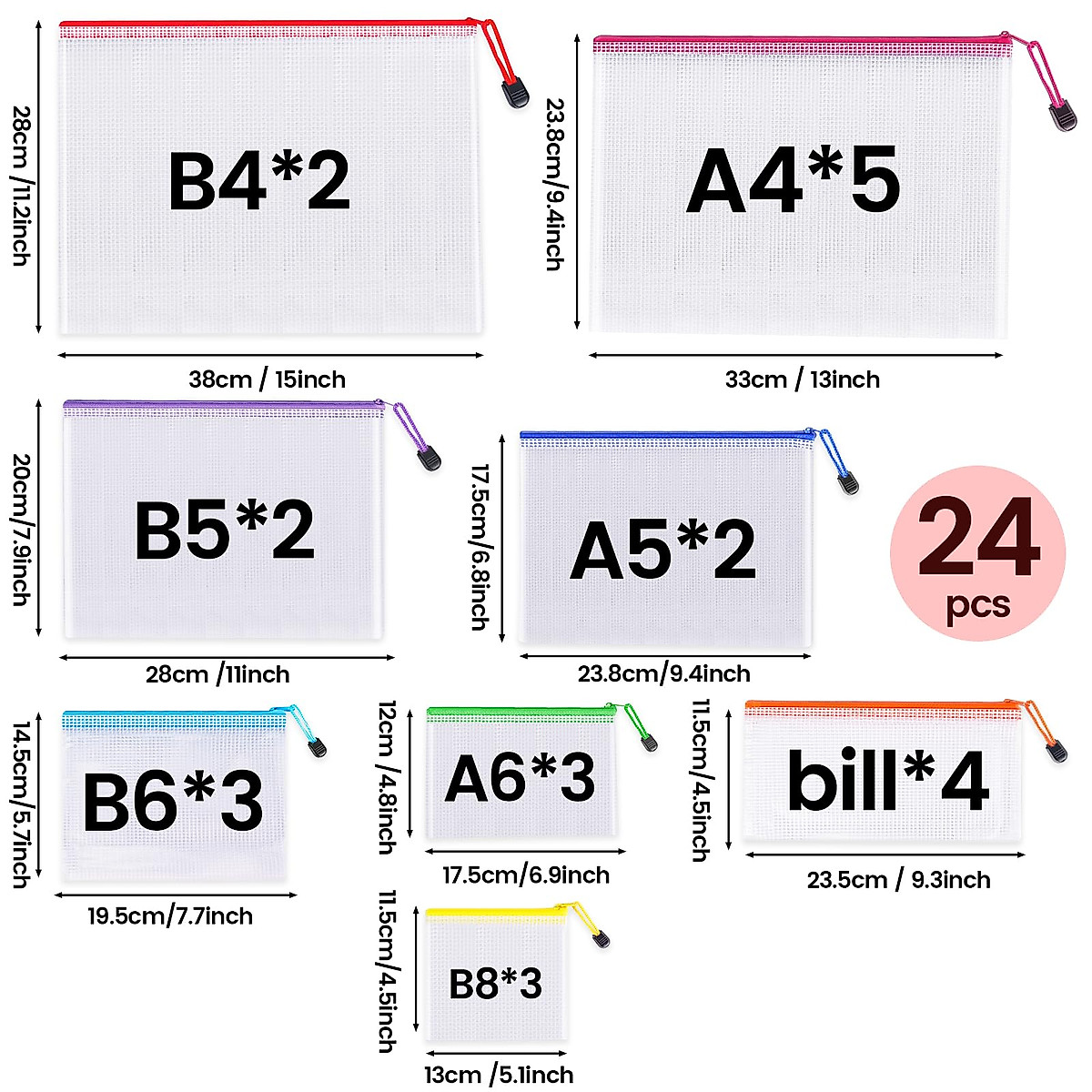 24pcs Mesh Zipper Pouch Bags - 8 Sizes Plastic Zipper Pouches for Organization, Mesh Bags with Zipper, Waterproof Clear Travel Pouches, UMETDO File Bag with Zipper for Office Supplies