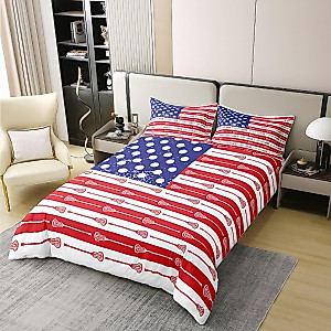 100% Nature Cotton Boys Sports Theme Duvet Cover,Hand Draw Lacrosse Sticks Ball Bedding Set for Beedroom Decor,Retro American Flag Blue Red White All Season Bedding with Zipper Closure Queen Size