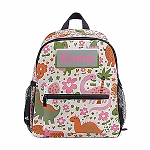 Aflyko Custom Name Cartoon Dino Pink Green Kids Backpack Personalized Daycare Bookbag Kindergarten Daypack for Toddler Girls Boys 10" × 4" × 12"