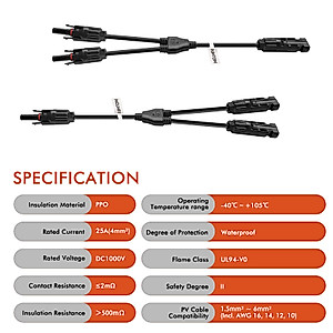 Kit for Connecting 2 Solar Panels in Parallel, Heavy Duty 25A Solar Panel Parallel Connectors, Solar Y Branch Plug Wire Cables (M/FF and F/MM)