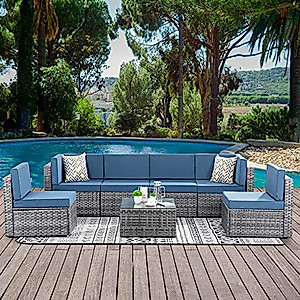 Walsunny Outdoor 7 Piece Patio Furniture Set, Outdoor Sectional Sofa Couch Patio Conversation Furniture Sets Silver Gray Rattan Wicker (Aegean Blue)