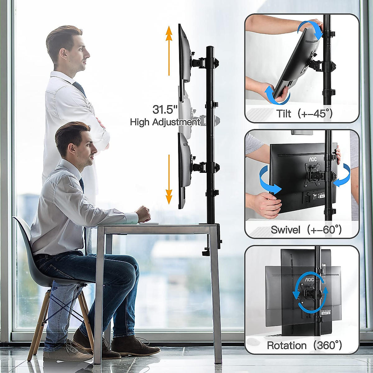 HUANUO Vertical Dual Monitor Mount, Stacked Monitor Stand for 2 Monitors with Height Adjustment Computer Monitor Arm Supports Two 17 to 32 Inch with C Clamp Each Monitor Desk Mount Hold up to 17.6lbs