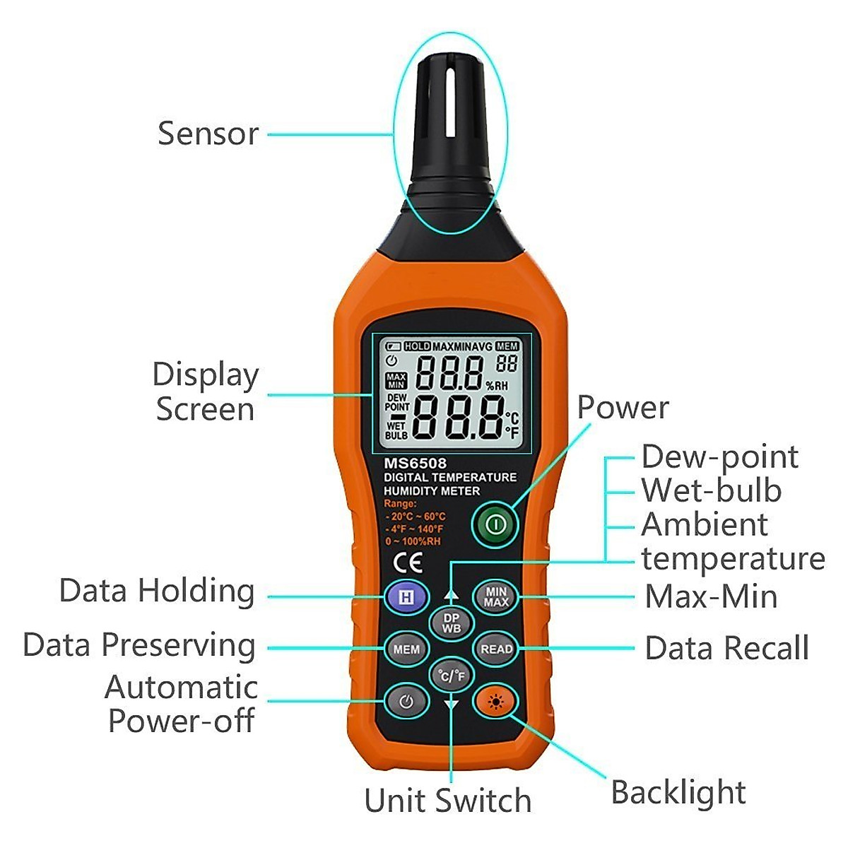 VLIKE Digital Temperature and Humidity Meter Portable Hygrometer Thermometer with Ambient Temperature Dew Point Test Wet Bulb Temperature Humidity Monitor Gauge for Daily Life Industry Agriculture