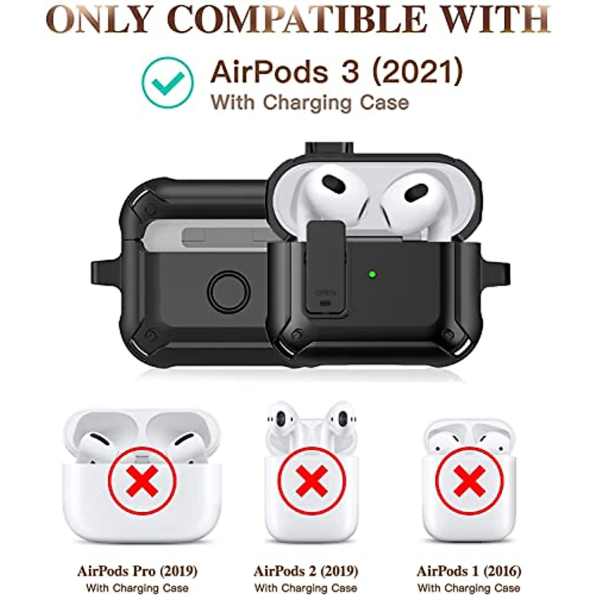 Olytop AirPods 3rd Generation Case with Lock Lid, Armor AirPod 3 Case Cover Full-Body Rugged Protective Case Shockproof Cover Men with Carabiner for Apple Airpods 3rd Gen Case-Black