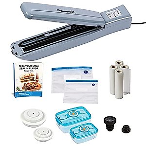 PowerXL Duo NutriSealer Food Vacuum Sealer Machine with Vacuum Seal Bags & Rolls, Double Airtight Sealing with Built-in Cutter, Small Snack Bag Capability, LED Indicator Lights (Slate Deluxe)