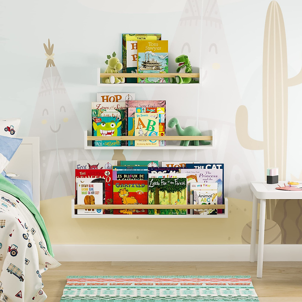 Wallniture Madrid Multisize 36''-30''-24'' Floating Bookshelves Kids Room Bookshelf Nursery Shelves Set of 3, White