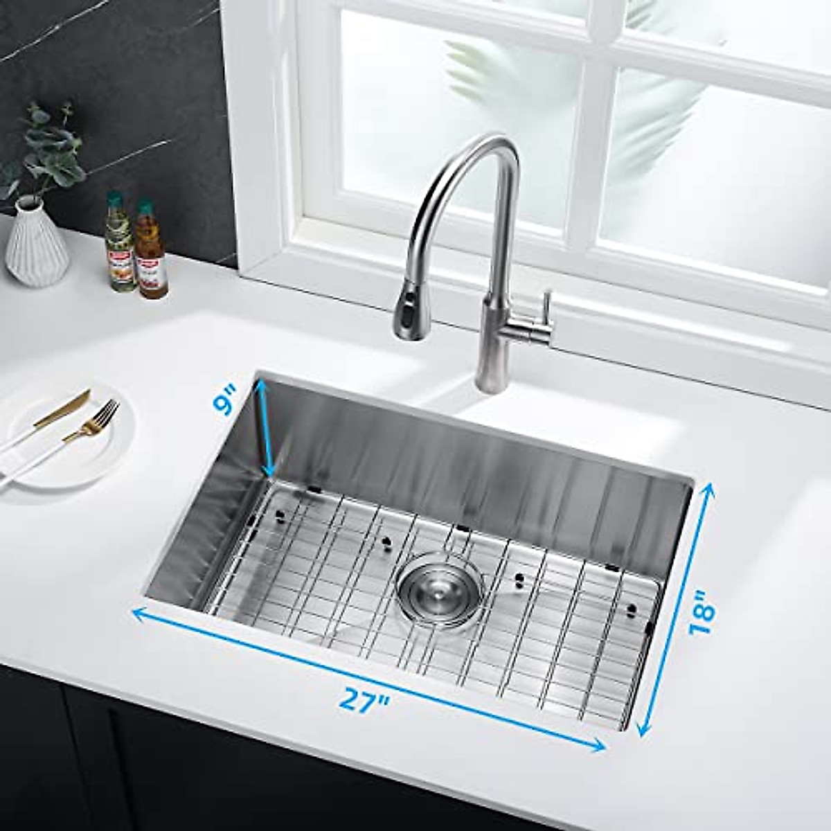 MELANSTAR Drop in Kitchen Sink Single Bowl Stainless Steel Sink Basin with Sink Strainer Waste Basket and Bottom Grid, 27" x 18" x 9" 16 Gauge