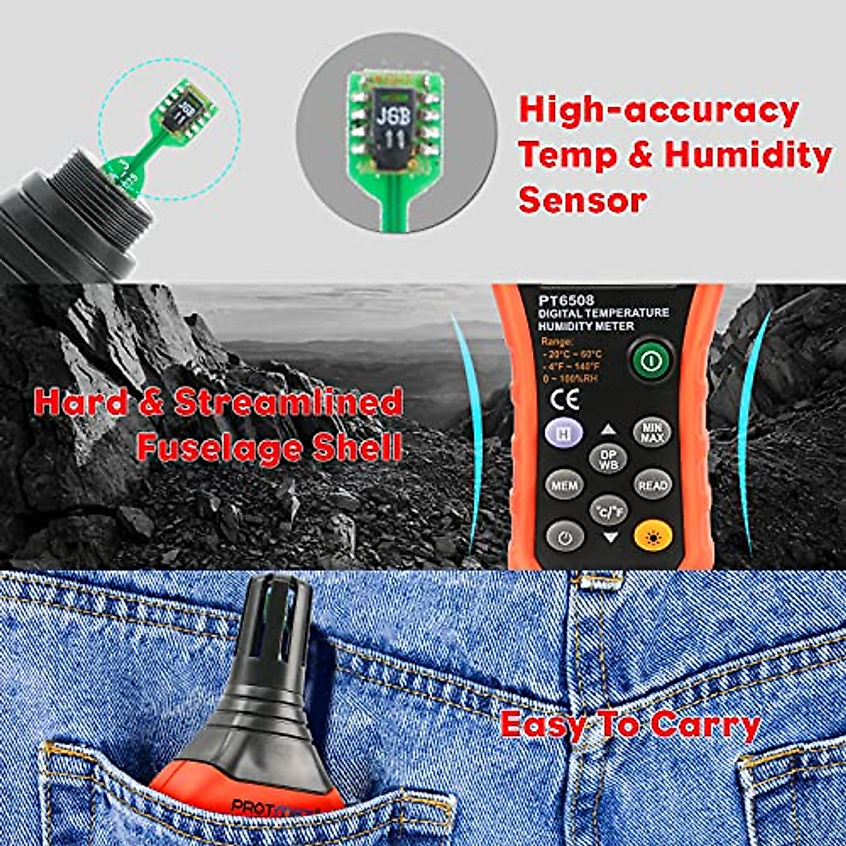 Protmex Digital Temperature Humidity Meter, Thermometer Hygrometer with Ambient Dew Point and Wet Bulb Temperature Indoor and Outdoor, Data Logger with Min/Max Hold, LCD Backlight, PT6508