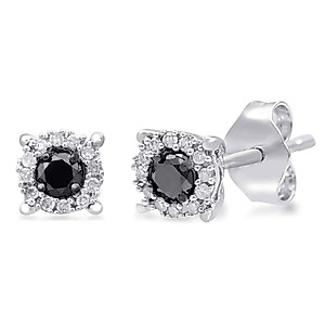 Jewelili Stud Earrings with Treated Black and Natural Round White Diamonds 1/4 Cttw in Sterling Silver