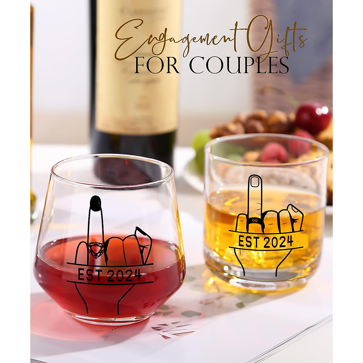 comfit Engagement Gifts for Couples - Bridal Shower Gifts - Wedding Gifts for Bride and Groom, His and Hers, Newlywed - Wine&Whiskey Glass Gift for Mr and Mrs