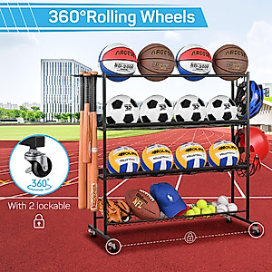 Mythinglogic Basketball Rack, Ball Storage with Baseball Bat Holder, Rolling Ball rack with Removable Nylon Mesh for Various Ball Sizes, Basketball Holder for Football Basketball Soccer Ball