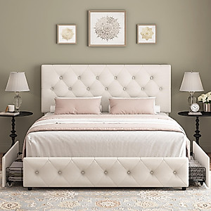 Keyluv Modern Upholstered Bed Frame with 4 Storage Drawers, Button Tufted Headboard Design, Solid Wooden Slat Support, Easy Assembly, Fabric, Beige, Queen Size