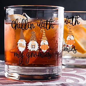 Toasted Tales Chillin With My Gnomes | Fall Glass | Whiskey Holiday Drinking Glasses | 11 oz Bourbon Whiskey Rock Glass | Novelty Old Fashioned Whiskey Tasting Glasses | Thanksgiving Gifts