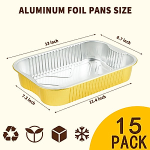 Aluminum Pans with Lids Half Size 9x13 Extra Heavy Duty (15 Pack + 15 Lids), Disposable Gold Aluminum Foil Baking Pan Double Thick Tin Foil Food Container with Lids for Baking, Heating, Meal Prep