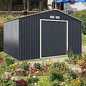 Giantex Outdoor Storage Shed with Double Sliding Door, Galvanized Metal Garden Storage Room, Front and Back Vent, Weather Resistant Tool Storage Shed for Backyard, Patio, Lawn (11 x 8 FT)