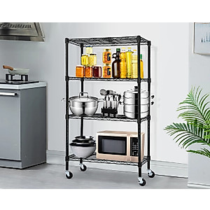 4-Tier Kitchen Storage Shelves Wire Shelving, Adjustable Storage Shelf Metal Storage Rack on Wheels, Shelf Unit Organizer for Kitchen Bread Microwave Oven Stand, 35.6"L x 14"W x 61.8"H, Black