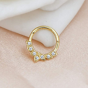 OUFER Daith Piercing Jewelry 14K Solid Gold Daith Earrings Hoop Cluster CZ Hinged Segment Clicker Daith Clicker Helix Ear Piercing