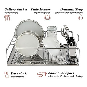 Kitchen Details 3 Piece Dish Rack | Drain Tray | Cutlery Holder | Countertop | Organizer | Holds 13 Dishes | Chrome
