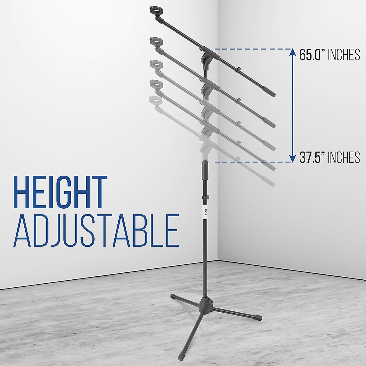 Pyle Foldable Tripod Microphone Stand - Universal Mic Mount and Height Adjustable from 37.5'' to 65.0'' Inch High w/ Extending Telescoping Boom Arm Up to 28.0'' - Knob Tension Lock Mechanism PMKS3