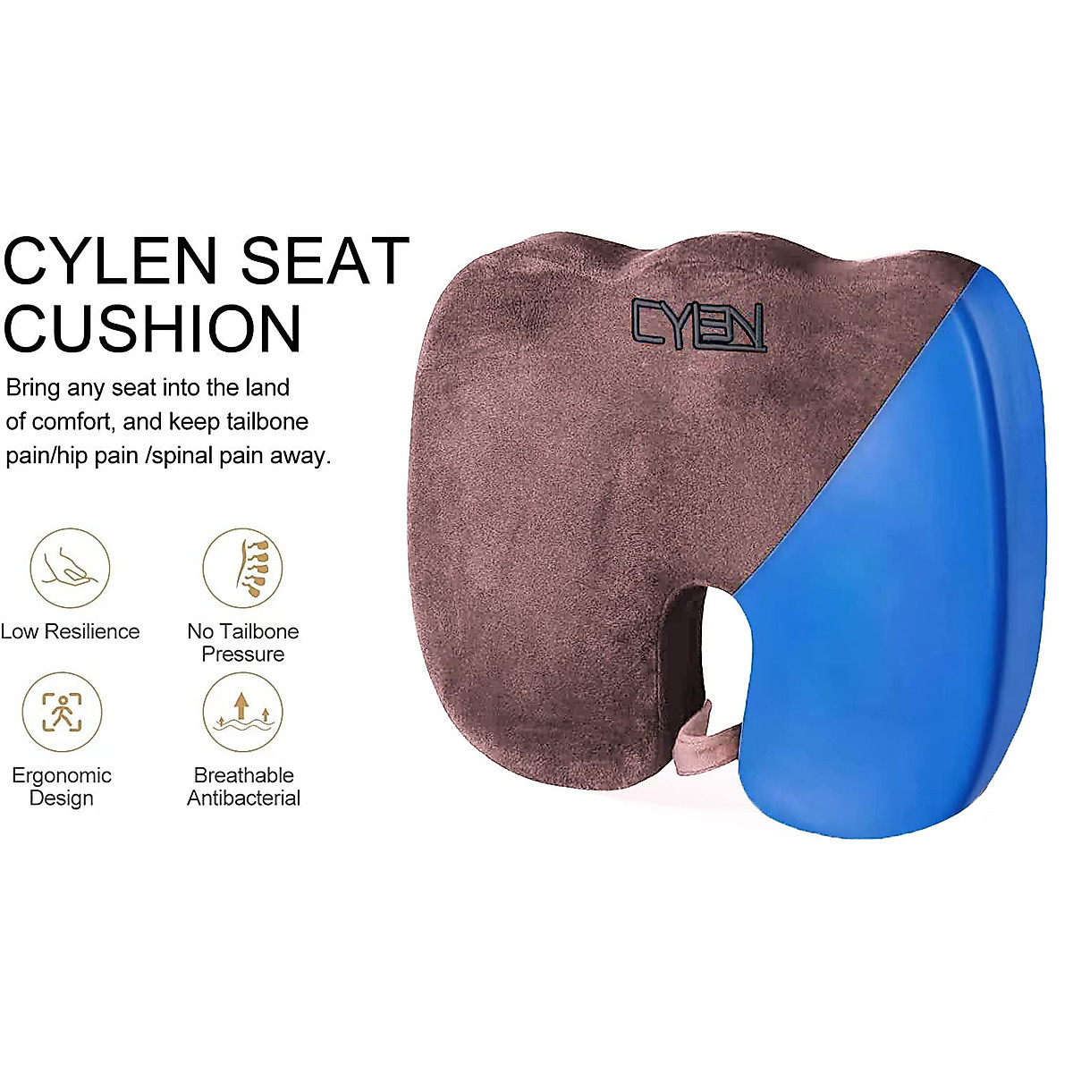 CYLEN Home Office Seat Cushion - Comfort Memory Foam Chair Cushion with Cooling Seat Cushion for Car and Wheel Chair - Washable & Breathable Cover (Brown)