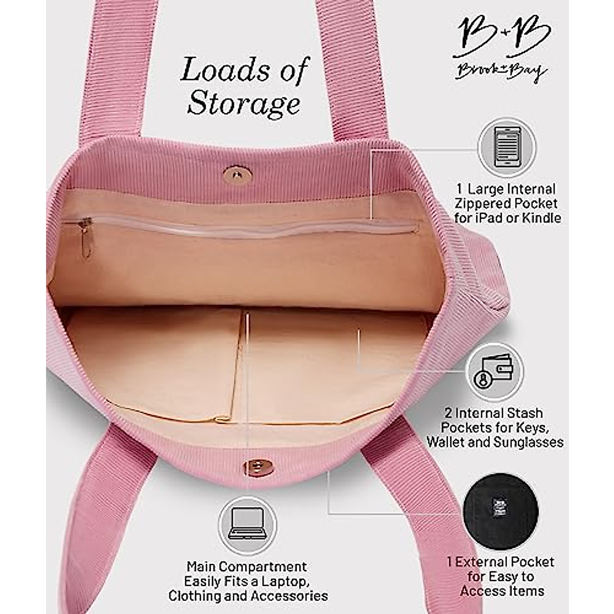 Brook + Bay Corduroy Tote Bag for Women - Boho Bag - Plain Tote Bag with Pockets - Cute Tote Bags Aesthetic - Shoulder Bag