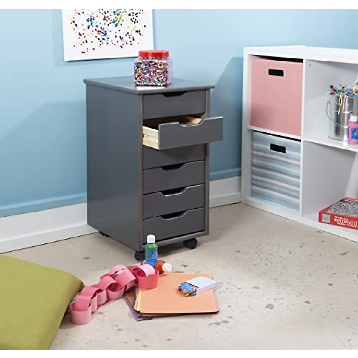 Linon Home Decor Products Corinne Six Drawer Storage, Grey Rolling Cart