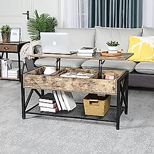 Coffee Table, Lift Top Coffee Table with Storage Shelf and 2 Hidden Compartment + 1 Drawer, Retro Central Table with Wooden Lift Tabletop for Living Room Home Office,Rectangle(Brown)