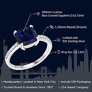 Gem Stone King 925 Sterling Silver Blue Created Sapphire Engagement Ring For Women (2.62 Cttw, Cushion Cut 8MM, Available in size 5, 6, 7, 8, 9)