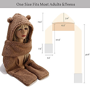 Umeepar Winter Bear Ear Sherpa Hood Hat Scarf Gloves 3 in 1 Hooded Scarf for Women Men (Brown)