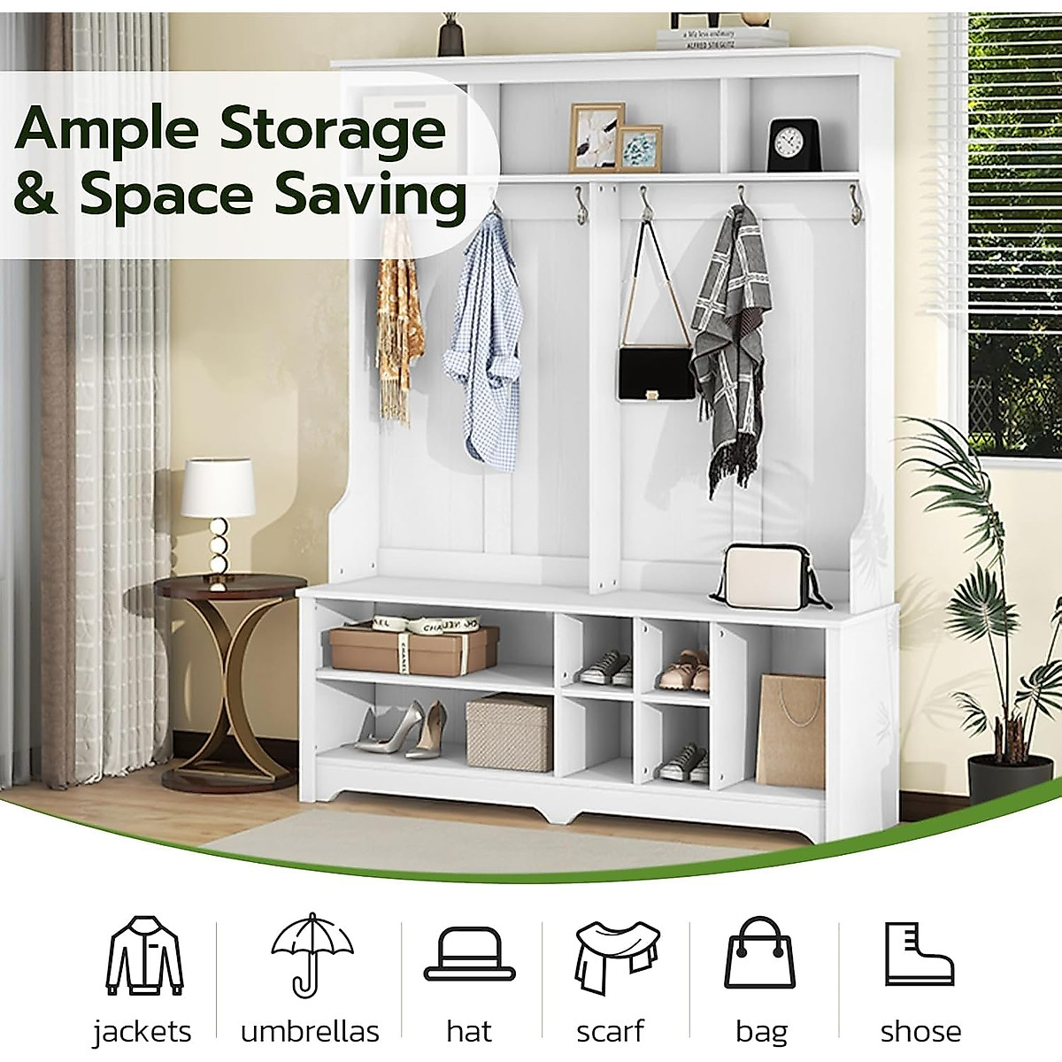 Rovibek Hall Tree with Bench and Shoe Storage Coat Rack 60in Entryway Bench Wooden Shoe Rack Storage Cabinet Shelf Entryway Furniture Home Organizer for Living Room Entryway, White