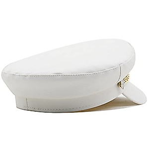 Women Yacht Captain Sailor Hat PU Newsboy Cabbie Baker Boy Peaked Beret Cap White with Chain