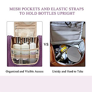 BAGSMART Travel Toiletry Bag for Women, Hanging Toiletry Bag with Hook, Travel Cosmetic Makeup Bag Travel Organizer for Accessories, Shampoo, Full Sized Container, Toiletries,Purple-Medium