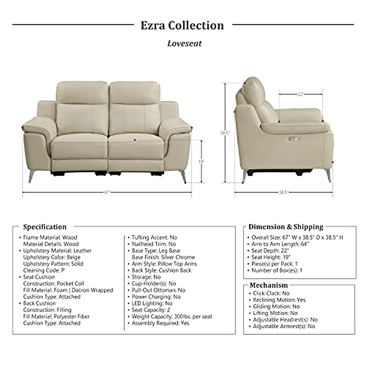 Lexicon Ezra Genuine Leather Power Reclining Loveseat, Beige