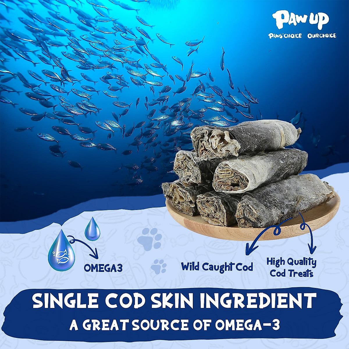 PAWUP Cod Skin Dog Treats Natural Fish Skin Roll Dog Snacks w/Taurine, Single Ingredient Cod Skin Chews, Rich in Omega 3, 16.2 oz