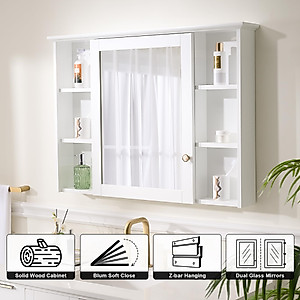 WELLFOR 42"x 30" Bathroom Medicine Cabinet with Mirror, Wall Mounted Storage Cabinet for Bathroom, Mirror Cabinet with Open/Built-in Shelves and Single Door, Bathroom Wall Cabinet with Mirror, White