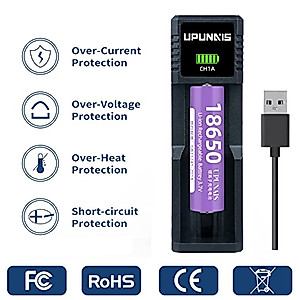 18650 Battery Charger, Suitable for li-ion Battery 18650 20700 10440 14500 18500 16340 17500 26650 Batteries Charger, Type C Single Bay Rechargeable Battery Charger