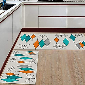 Kitchen Rug Set Europen Modern Mid Century 2 Piece Non-Slip Kitchen Floor Mat Rubber Back Retro Prismatic Soft Indoor Bathroom Doormat Runner Rug Carpet Set (15.7"x23.6"+15.7"x47.2")
